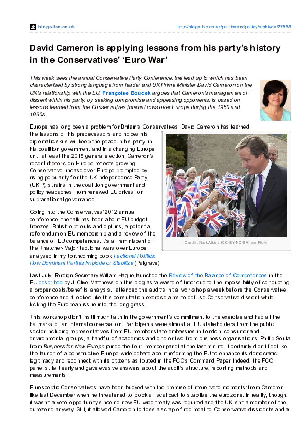 (PDF) David Cameron is applying lessons from his party's historyin the Conservatives' 'Euro War