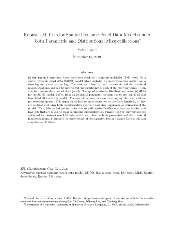 (PDF) Robust LM Tests for Spatial Dynamic Panel Data Models