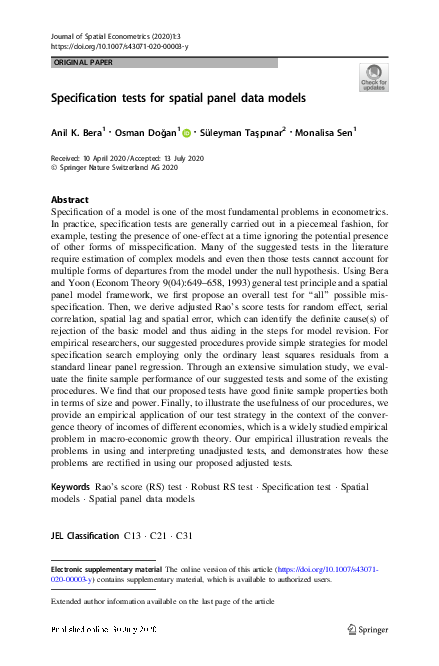 (PDF) Specification Tests for Spatial Panel Data Models