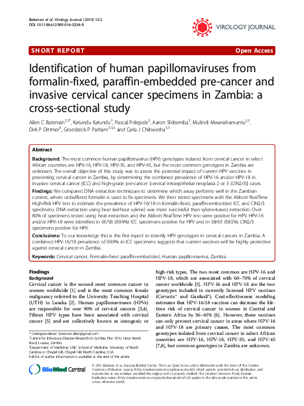 (PDF) Identification of human papillomaviruses from formalin-fixed, paraffin-embedded pre-cancer ...