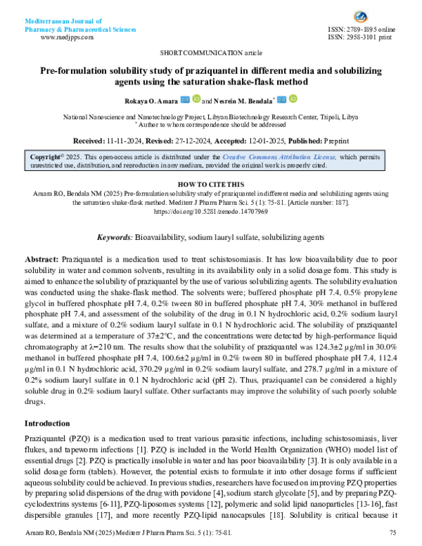 (PDF) Pre-formulation solubility study of praziquantel in different ...