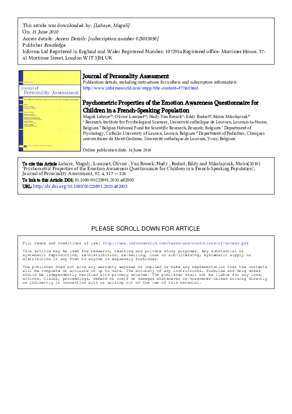 (PDF) Psychometric Properties of the Emotion Awareness Questionnaire ...