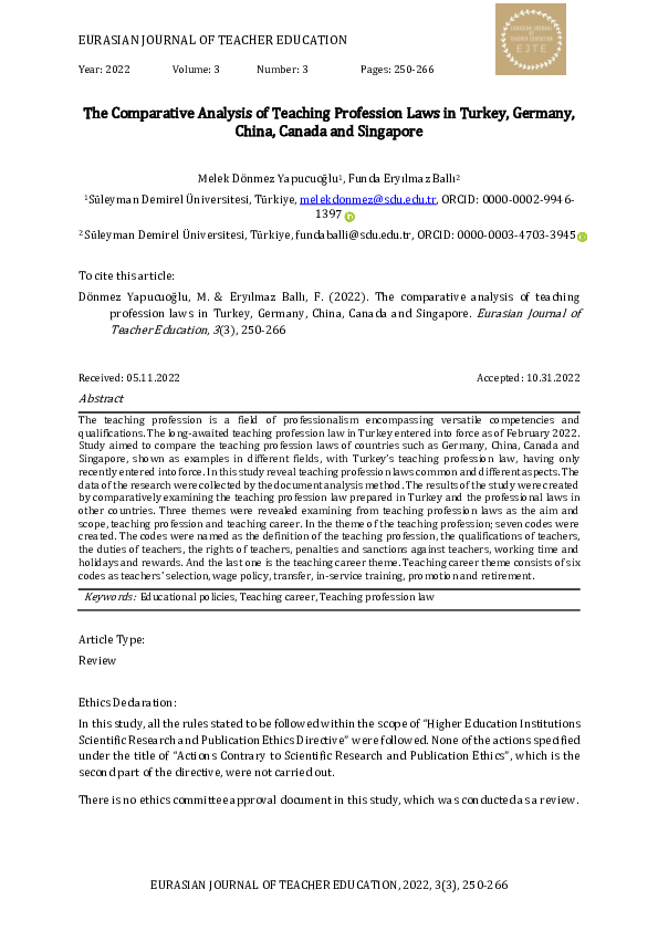(PDF) The Comparative Analysis of Teaching Profession Laws in Turkey ...