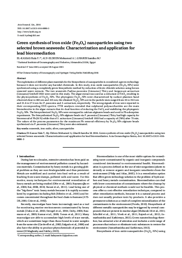 Pdf Green Synthesis Of Iron Oxide Fe3o4 Nanoparticles Using Two Selected Brown Seaweeds