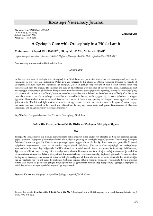 (PDF) A Cyclopia Case with Otocephaly in a Pirlak Lamb