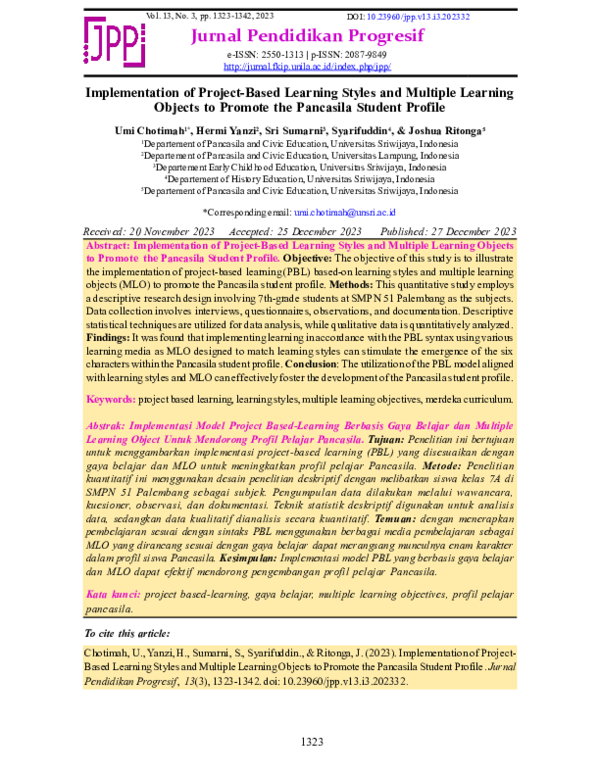 (PDF) Implementation of Project-Based Learning Styles and Multiple Learning Objects to Promote ...