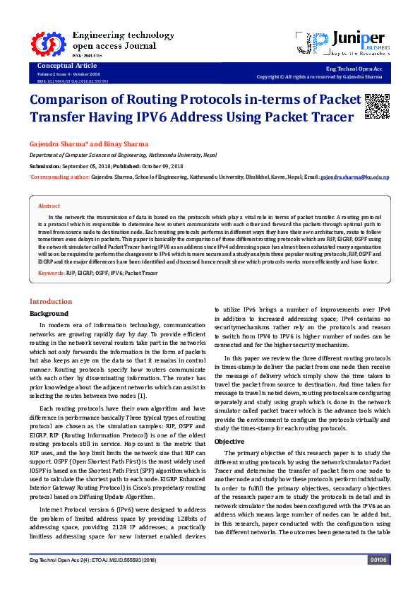 (PDF) Comparison of Routing Protocols in-terms of Packet Transfer Having IPV6 Address Using ...