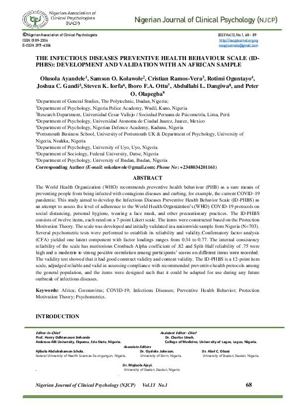 (PDF) The Infectious Diseases Preventive Health Behavior Scale (ID-PHBS): Development and ...