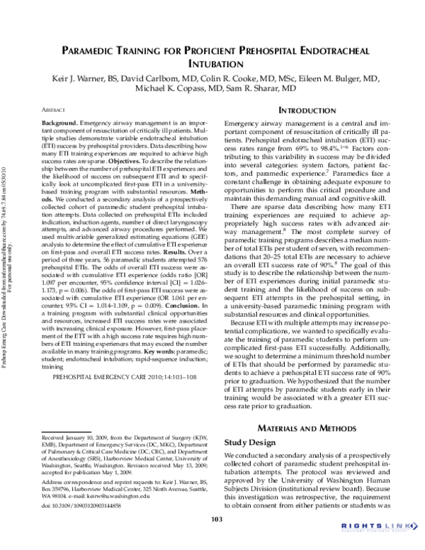 (PDF) Paramedic Training for Proficient Prehospital Endotracheal Intubation
