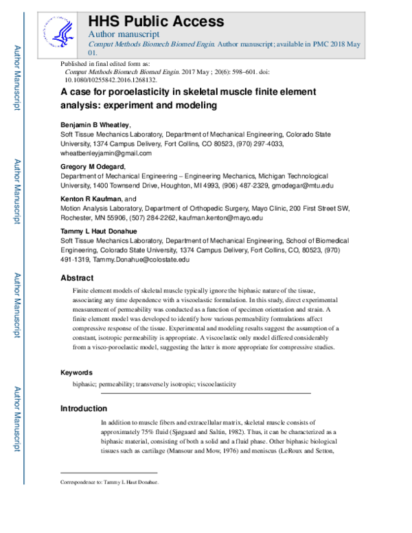 Pdf A Case For Poroelasticity In Skeletal Muscle Finite Element Analysis Experiment And Modeling