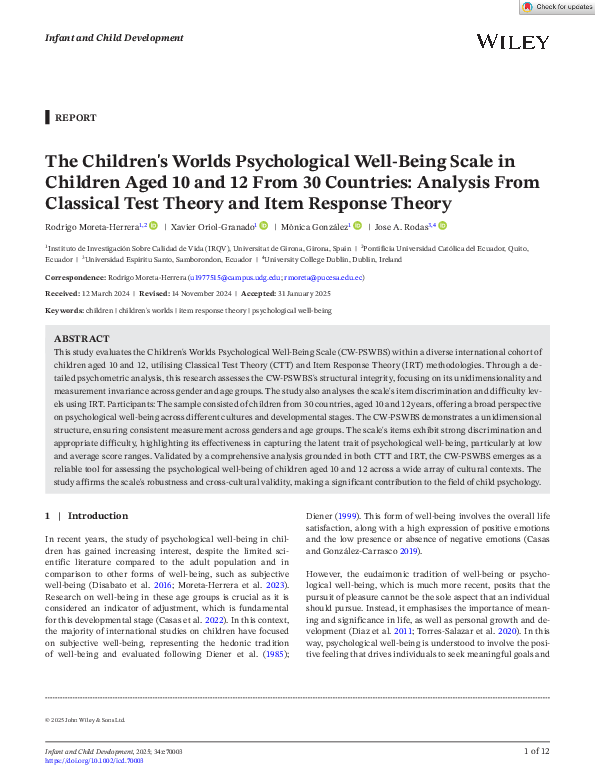 (PDF) The Children's Worlds Psychological Well-Being Scale in Children ...