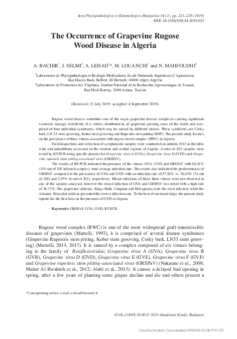 (PDF) The occurrence of grapevine rugose wood disease in Algeria