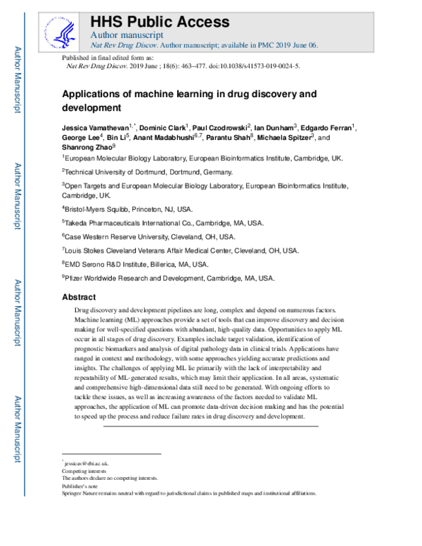 (PDF) Applications of machine learning in drug discovery and development