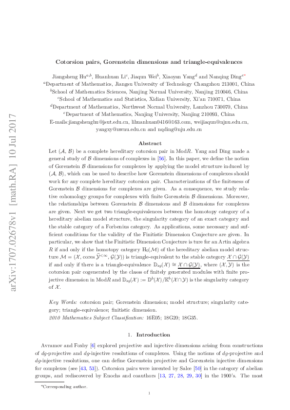 (PDF) Cotorsion pairs, Gorenstein dimensions and triangle-equivalences