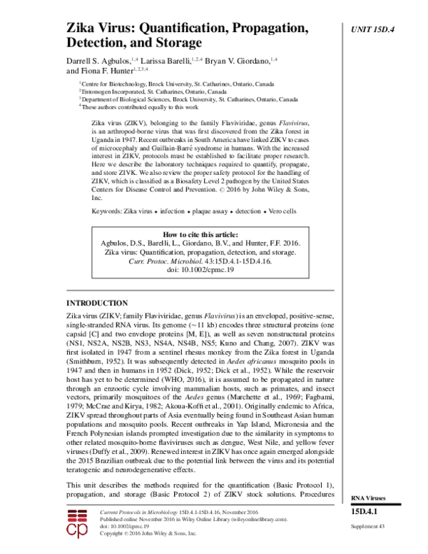 (PDF) Zika Virus: Quantification, Propagation, Detection, and Storage