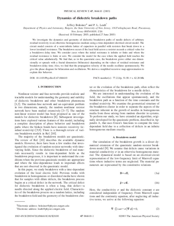 (PDF) Dynamics of dielectric breakdown paths