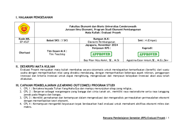 (PDF) Rencana Pembelajaran Semester (RPS) Evaluasi Proyek