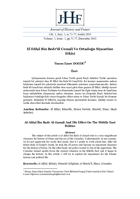 (PDF) El Efdal Bin Bedr'ül Cemali Ve Ortadoğu Siyasetine Etkisi / Al ...