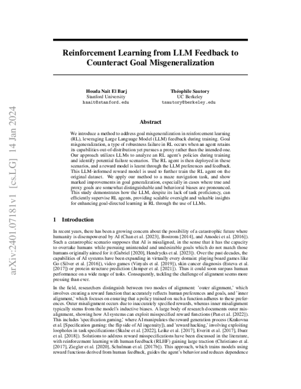 (PDF) Reinforcement Learning from LLM Feedback to Counteract Goal Misgeneralization