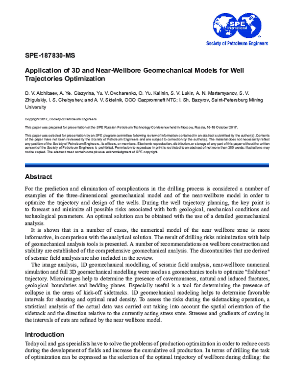 (PDF) Application of 3D and Near-Wellbore Geomechanical Models for Well Trajectories Optimization