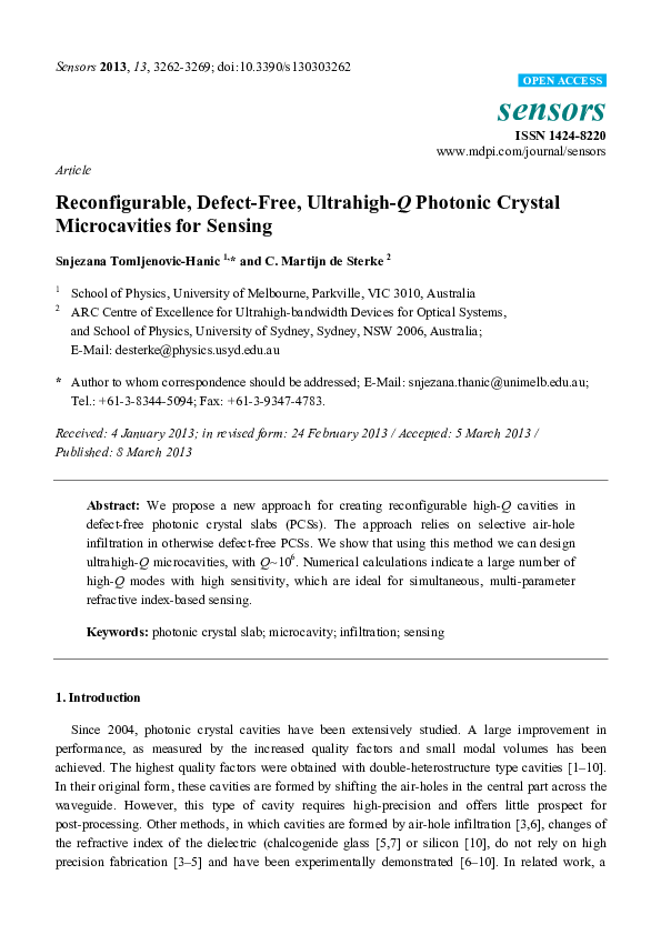 (PDF) Reconfigurable, Defect-Free, Ultrahigh-Q Photonic Crystal Microcavities for Sensing