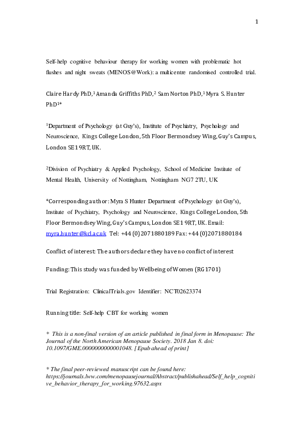 (PDF) Self-help cognitive behavior therapy for working women with problematic hot flushes and ...