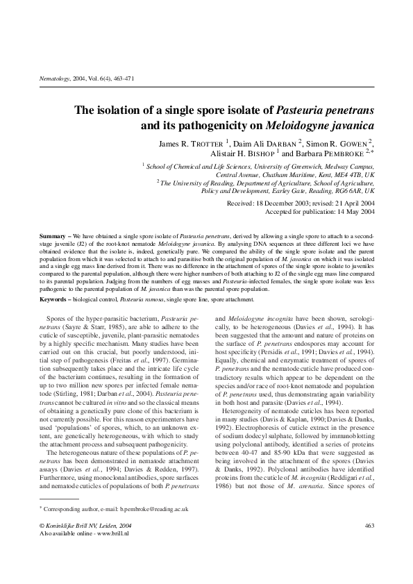 (PDF) The isolation of a single spore isolate of Pasteuria penetrans ...