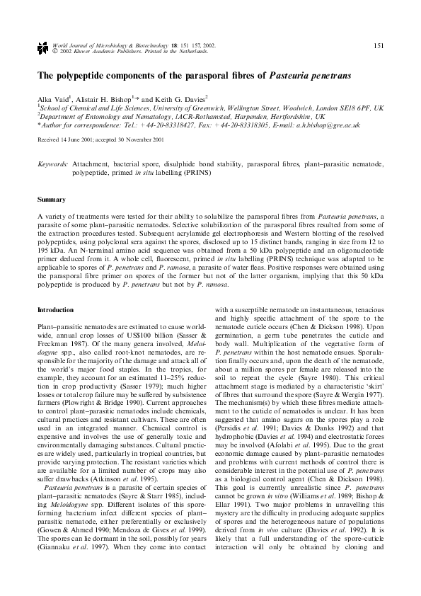 (PDF) The polypeptide components of the parasporal fibres of Pasteuria ...