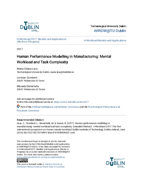 (PDF) Human Performance Modelling in Manufacturing: Mental Workload and Task Complexity