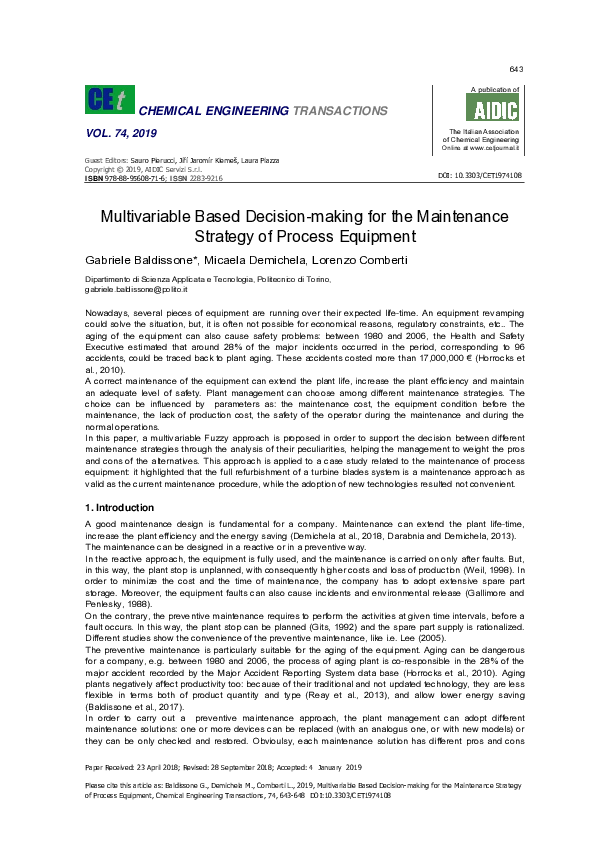 (PDF) Multivariable Based Decision-making for the Maintenance Strategy of Process Equipment
