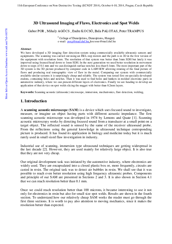 (PDF) 3D Ultrasound Imaging of Flaws, Electronics and Spot Welds