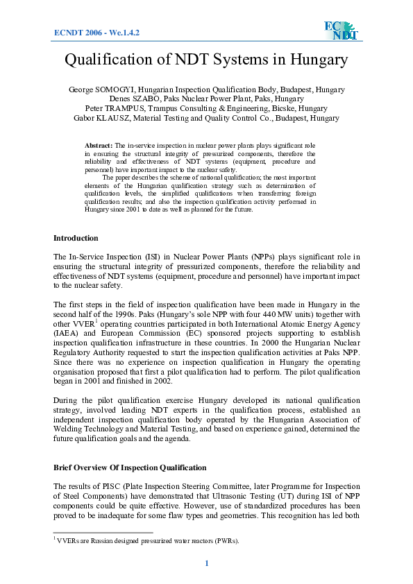 (PDF) Qualification of NDT Systems in Hungary