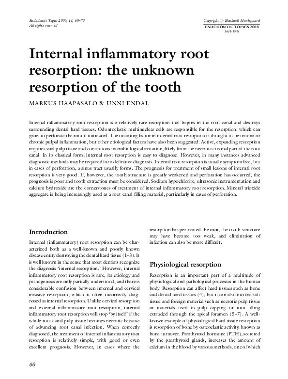 (PDF) Internal inflammatory root resorption: the unknown resorption of the tooth