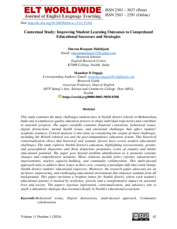 (PDF) Contextual Study: Improving Student Learning Outcomes to Comprehend Educational Successes ...