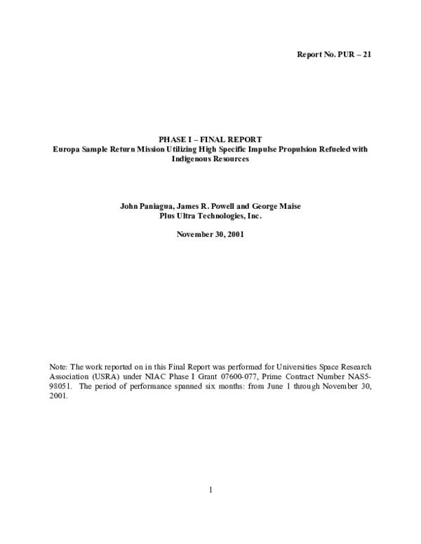 (PDF) PHASE I - FINAL REPORT Europa Sample Return Mission Utilizing ...