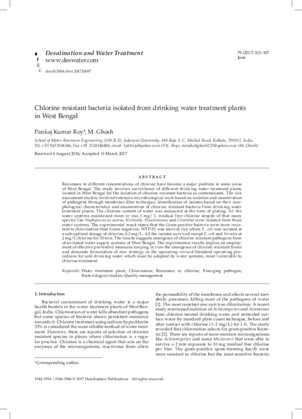 (PDF) Chlorine resistant bacteria isolated from drinking water treatment plants in West Bengal
