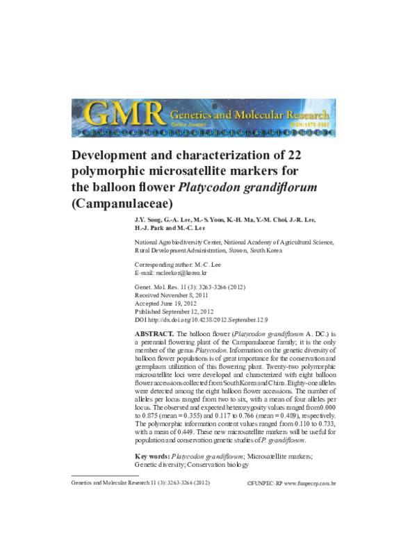 (PDF) Development and characterization of 22 polymorphic microsatellite markers for the balloon ...