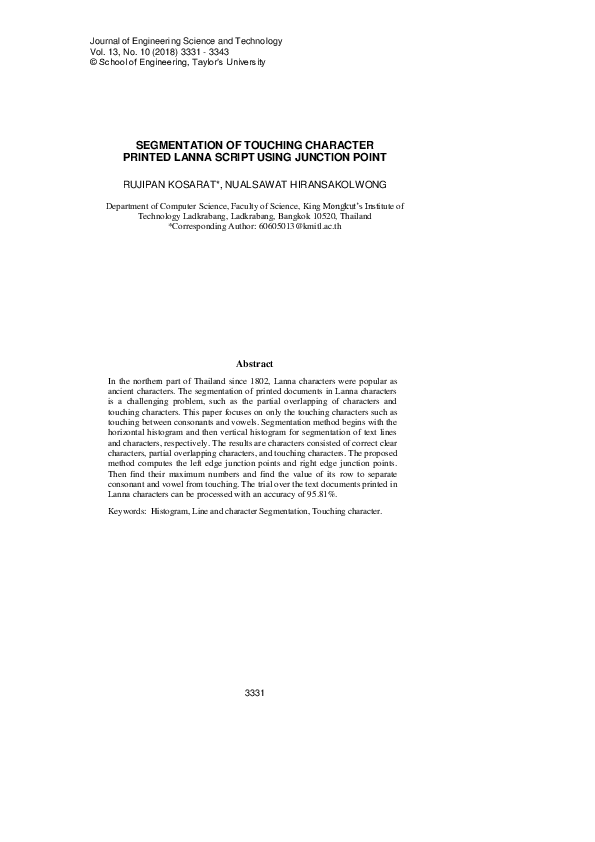 (PDF) Segmentation of Touching Character Printed Lanna Script Using Junction Point
