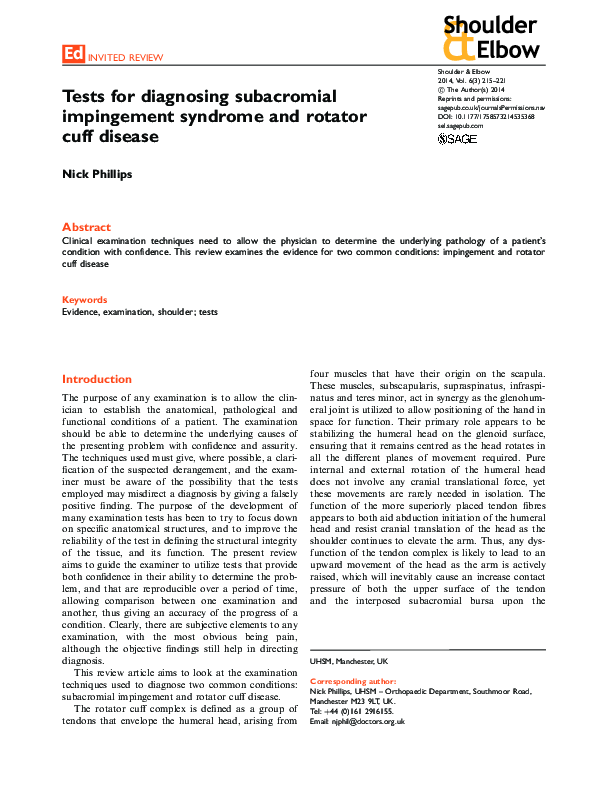 (PDF) Tests for diagnosing subacromial impingement syndrome and rotator ...