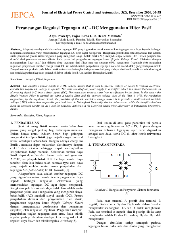(PDF) Perancangan Regulasi Tegangan AC - DC Menggunakan Filter Pasif
