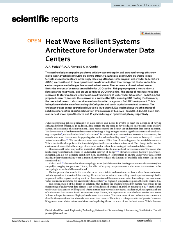 (PDF) Heat Wave Resilient Systems Architecture for Underwater Data Centers