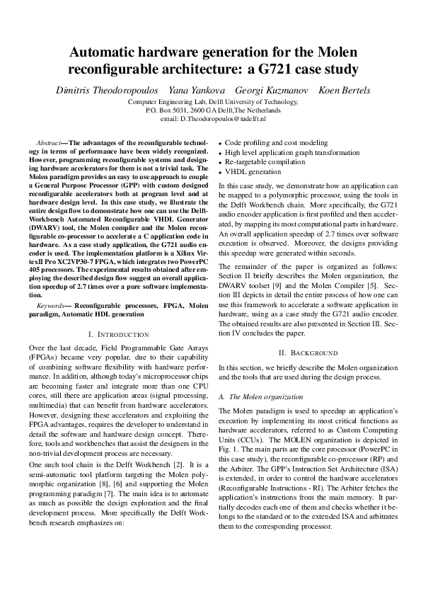 (PDF) Automatic hardware generation for the Molen reconfigurable architecture: a G721 case study
