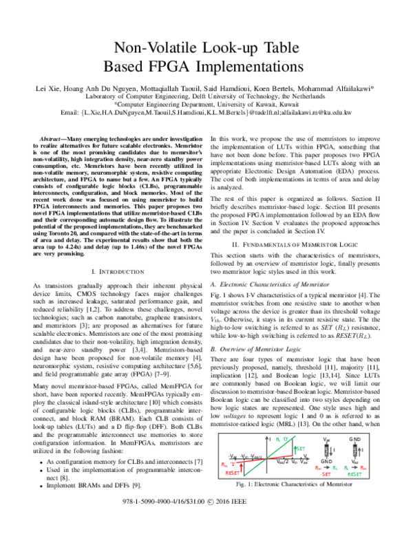 (PDF) Non-volatile look-up table based FPGA implementations