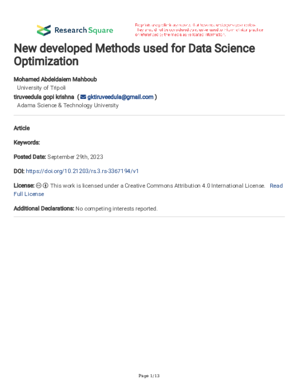 (PDF) New developed Methods used for Data Science Optimization