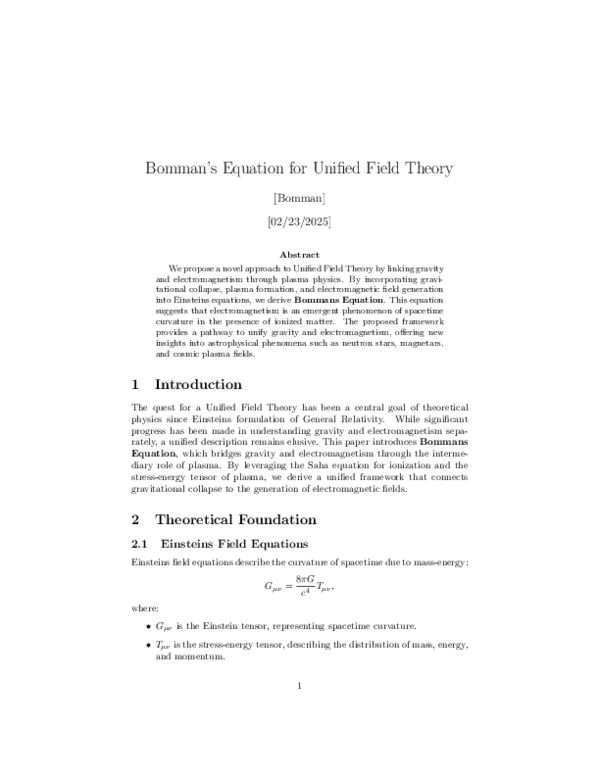 (PDF) Bomman's Equation for Unified Field Theory