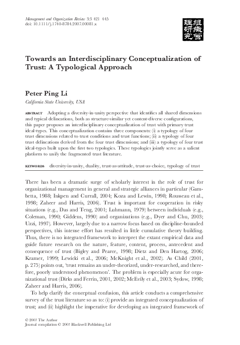 (PDF) Towards an Interdisciplinary Conceptualization of Trust: A ...