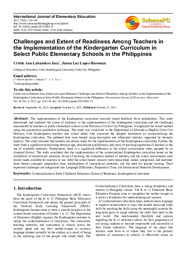 (PDF) Challenges and Extent of Readiness Among Teachers in the Implementation of the ...