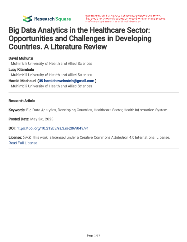 (PDF) Big Data Analytics in the Healthcare Sector: Opportunities and Challenges in Developing ...