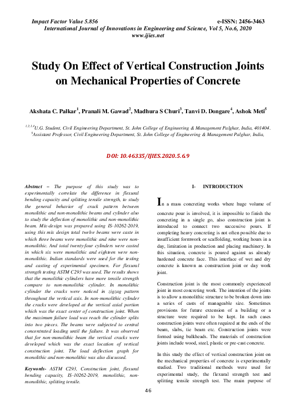 (PDF) Study On Effect of Vertical Construction Joints on Mechanical ...