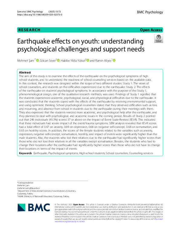 (PDF) Earthquake effects on youth: understanding psychological ...